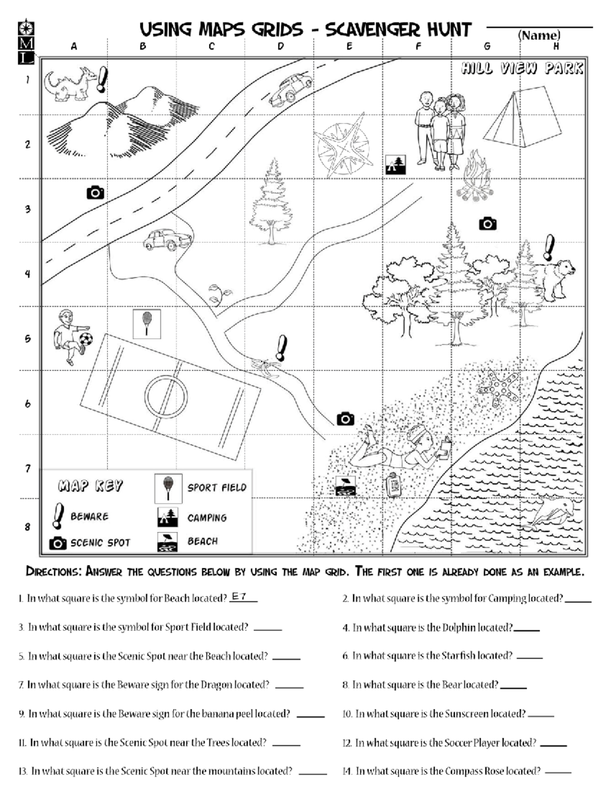 Map Grids Worksheet - USING MAPS GRIDS SCAVENGER HUNT (Name) M A B C D ...