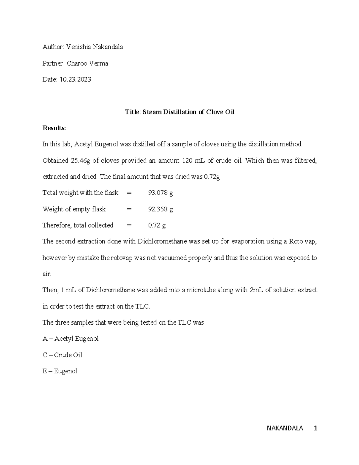 Steam Distillation of Clove Oil - Lab Report (CHEM 10) - Studocu