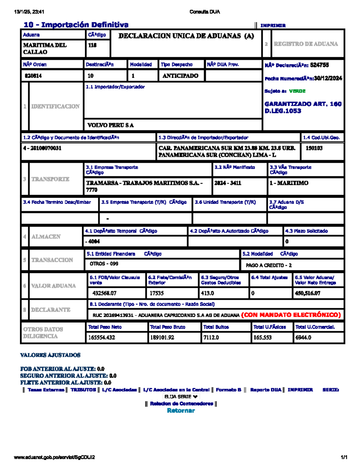 DUA - Volvo - Declaración Única de Aduanas - 13/1/25, 23:41 Consulta ...