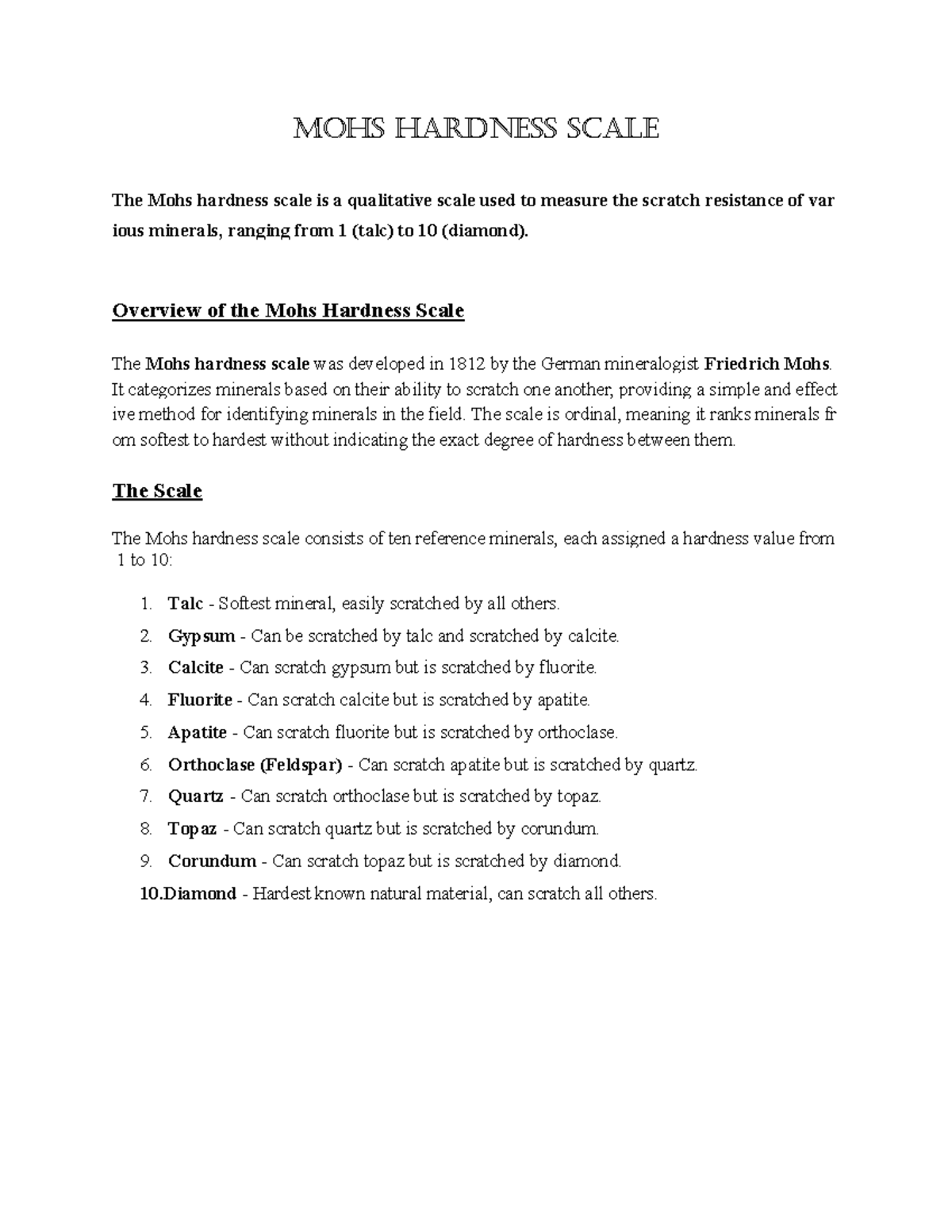 Mohs Hardness Scale Overview and Mineral Rankings - Studocu