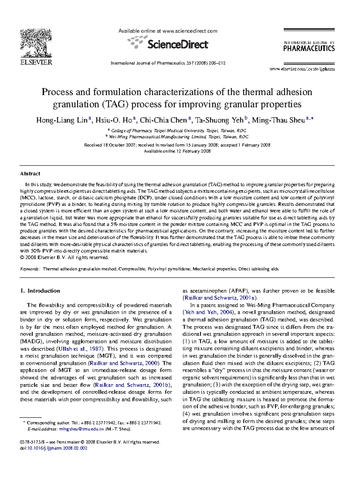 Thermal Adhesion Granulation (TAG) Process for Direct Tabletting Aids ...