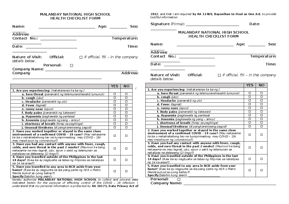 Health Checklist Form half shortbondpaper - MALANDAY NATIONAL HIGH ...