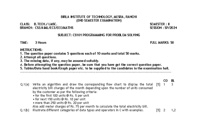 CS101 End Semester Exam: Programming for Problem Solving - Studocu