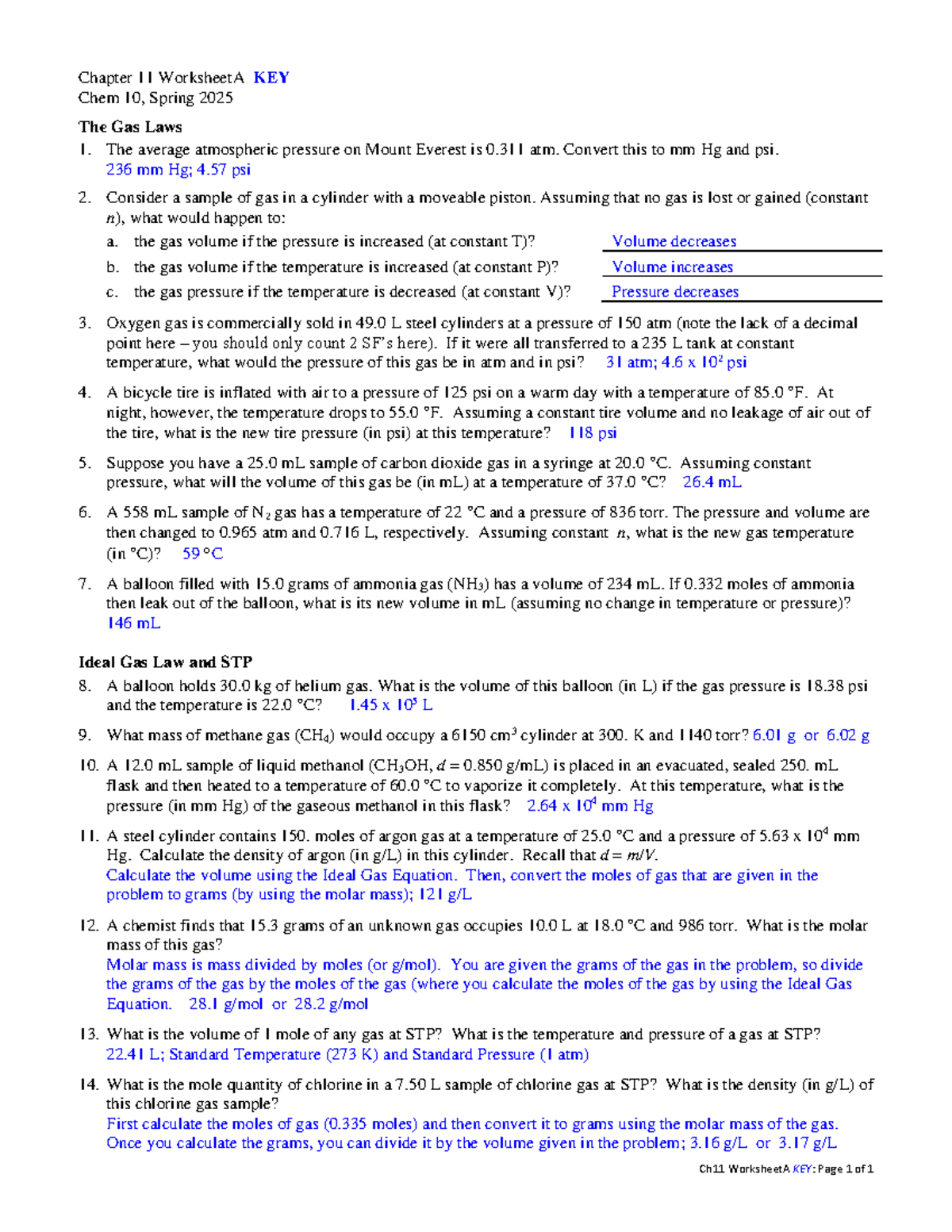 Chapter 11 Worksheet A KEY Chem 10, Spring 2025: The Gas Laws - Studocu