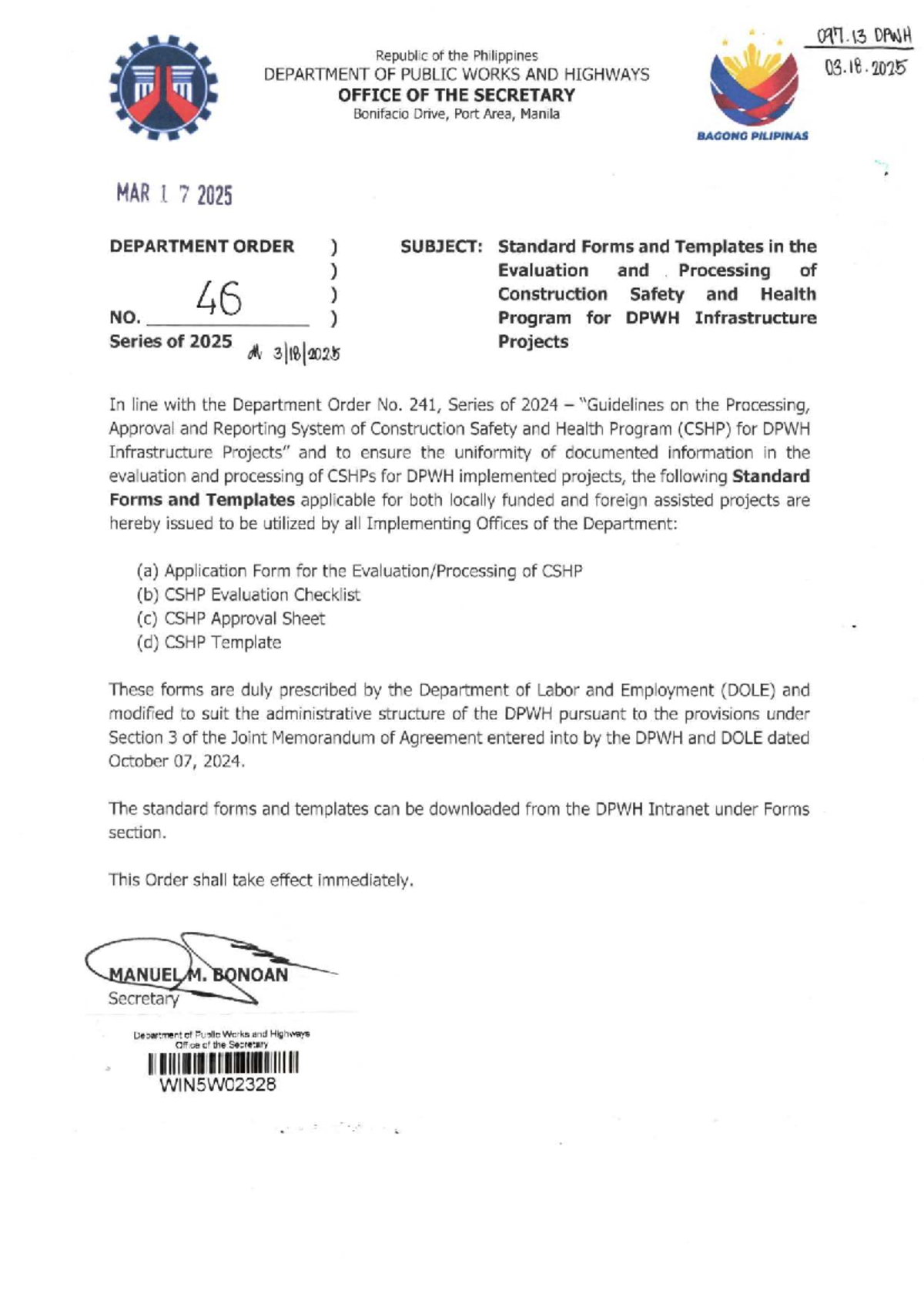 DO 046 S2025: Standard Forms for Construction Safety & Health Program ...