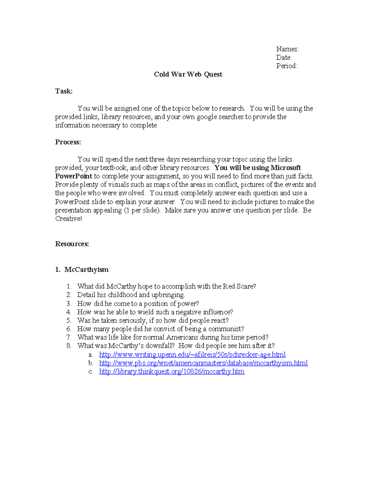 Cold War Web Quest: Research Topics & PowerPoint Guidelines - Studocu