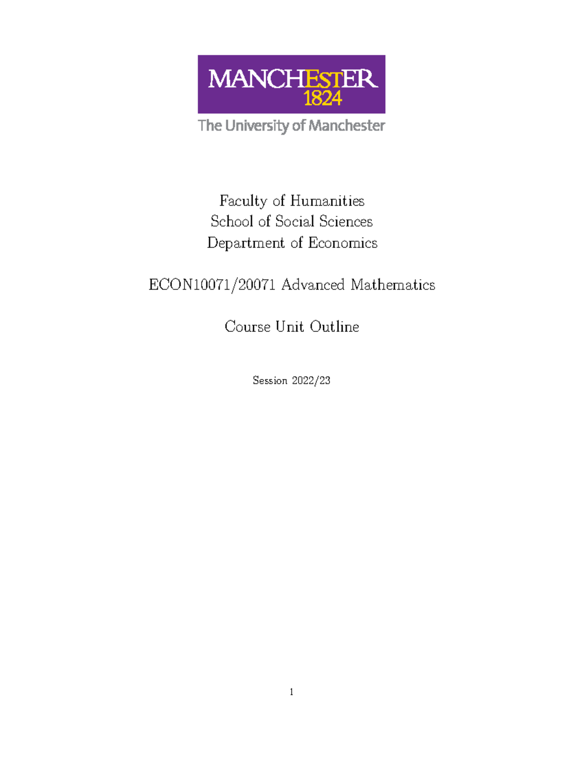 ECON10071 Advanced Mathematics Course Unit Outline and Guidelines - Studocu