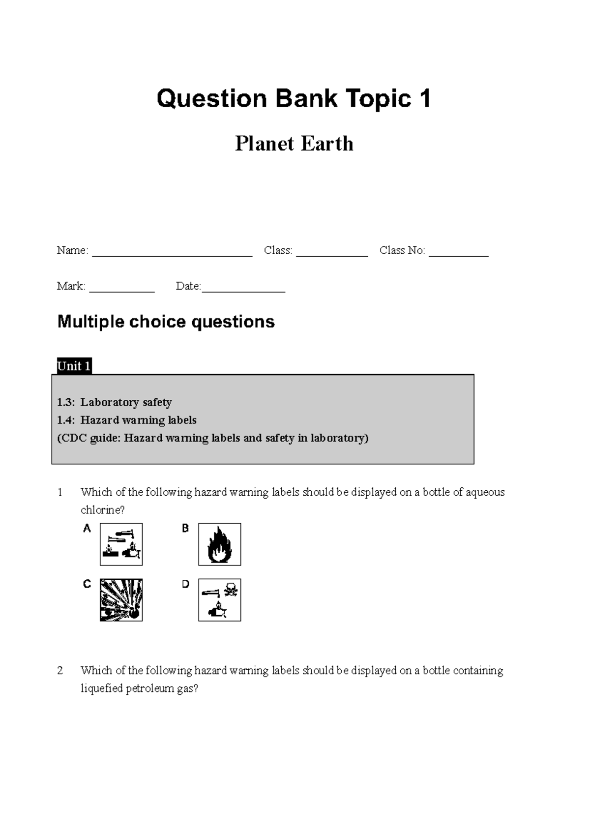 Chem 12345678910 - Question Bank Topic 1 Planet Earth Name ...