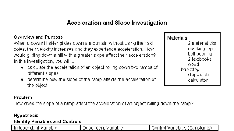 Acceleration and Slope Investigation - Acceleration and Slope ...