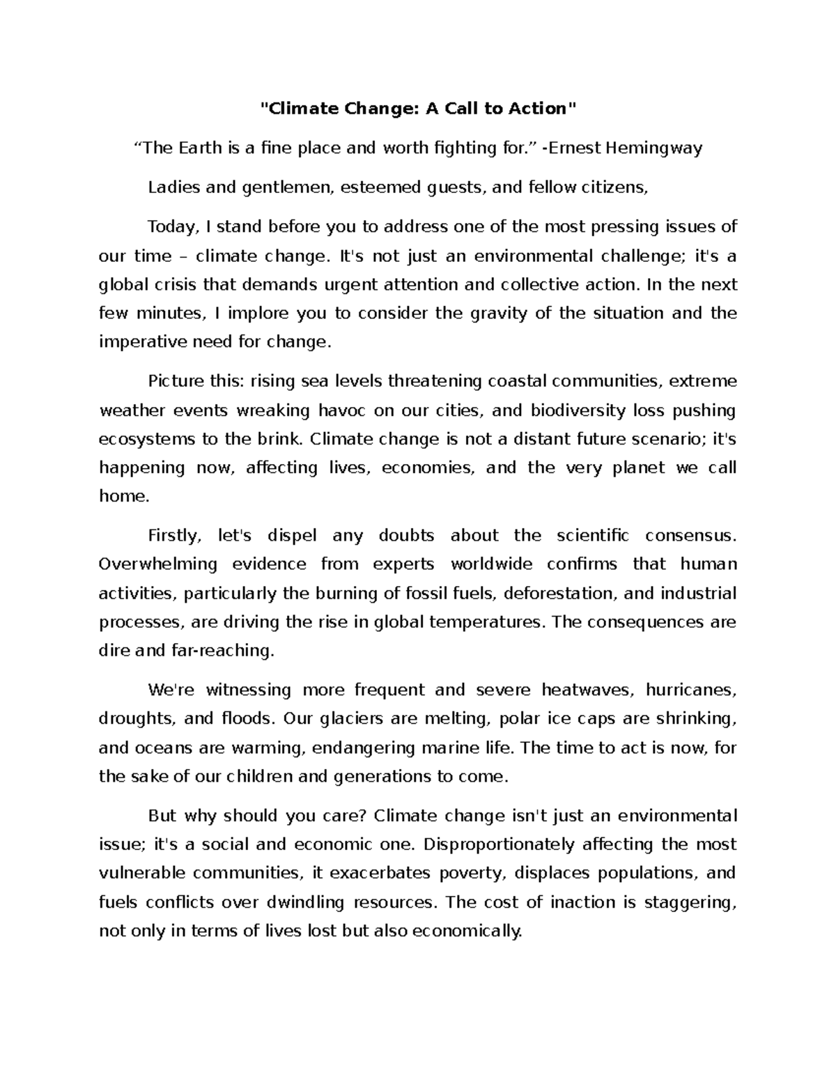 Climate Change - "Climate Change: A Call to Action" “The Earth is a ...