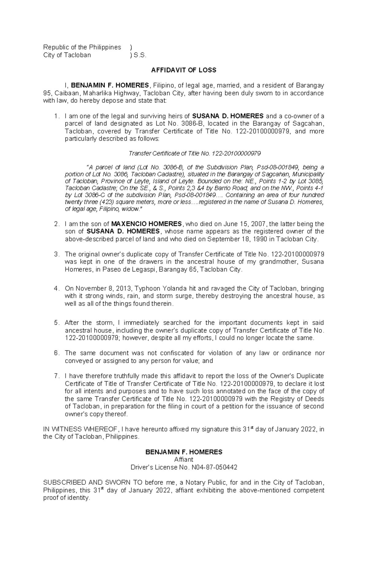 Affidavit of Loss for Transfer Certificate of Title No. (T-21623) 122-2011000582 - Studocu