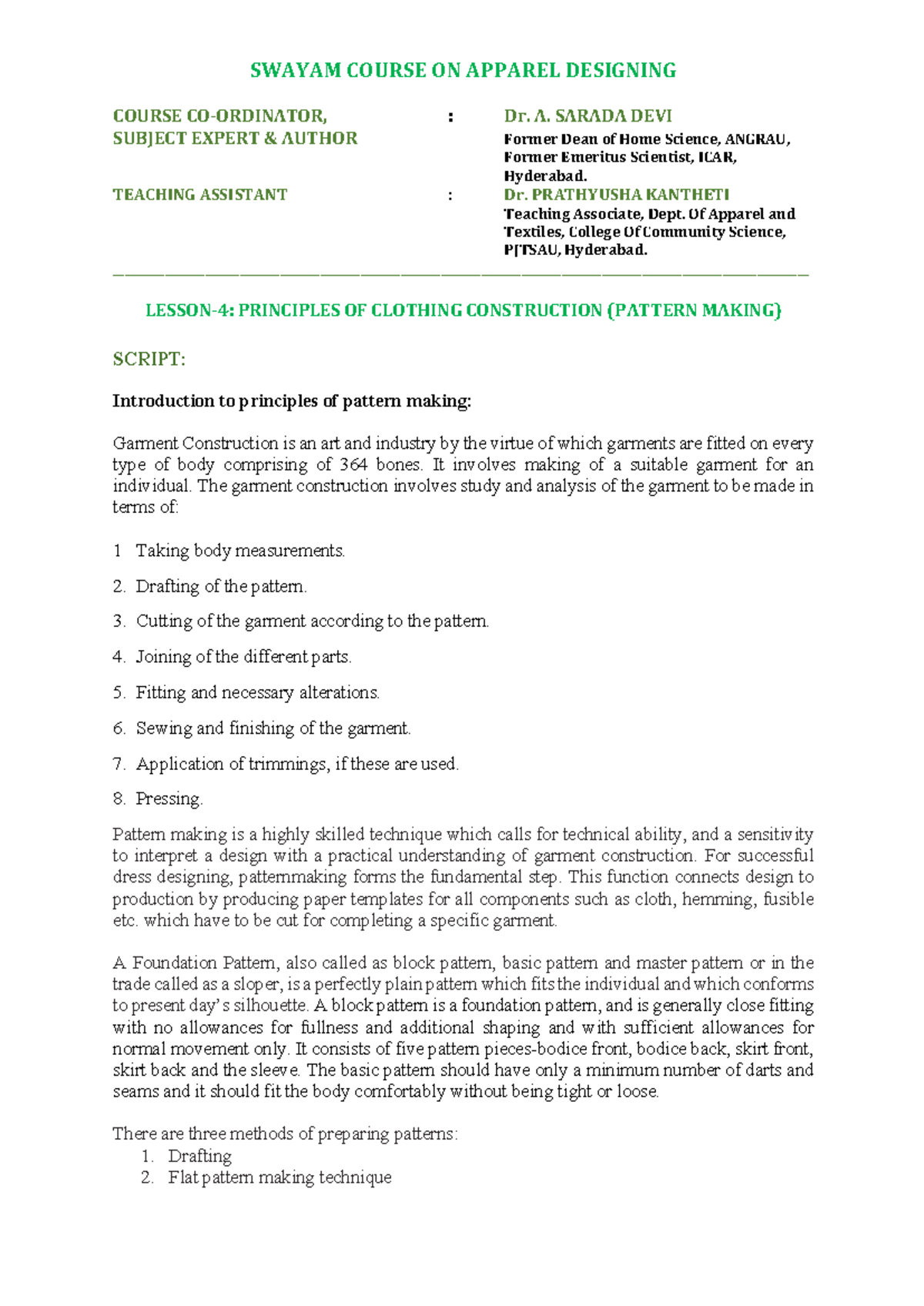 Principles of Clothing Construction: Pattern Making (SWAYAM Course ...