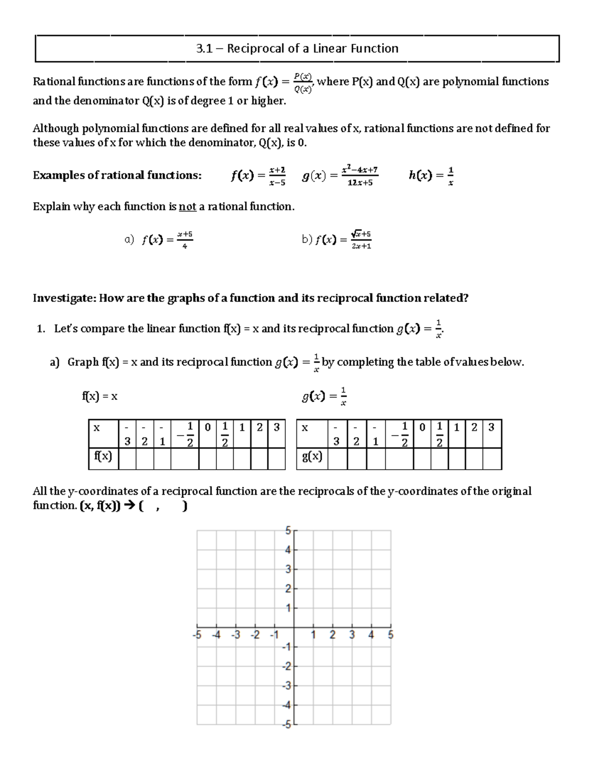 Chapter 3 Workbook: Exploring Rational Functions and Their Reciprocals ...