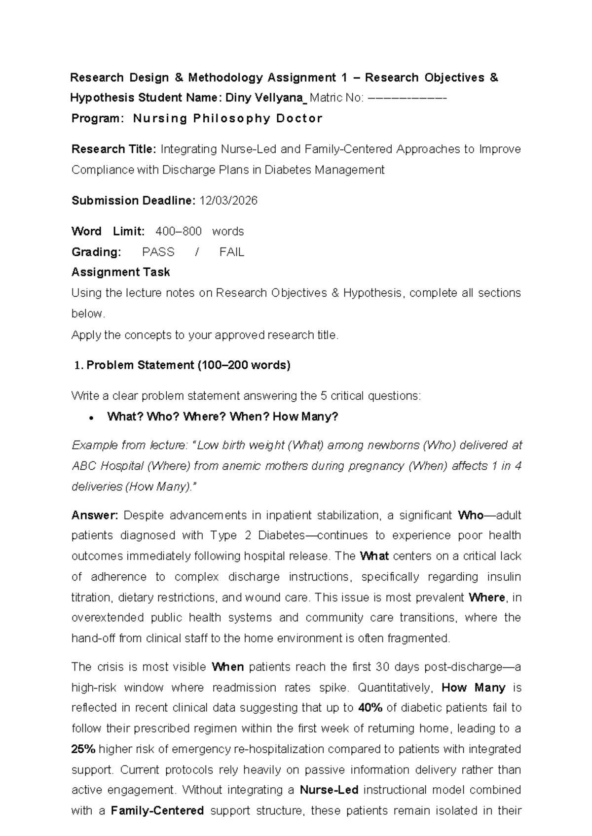 CPG7013 Assignment 1: Research Design on Diabetes Discharge Compliance ...