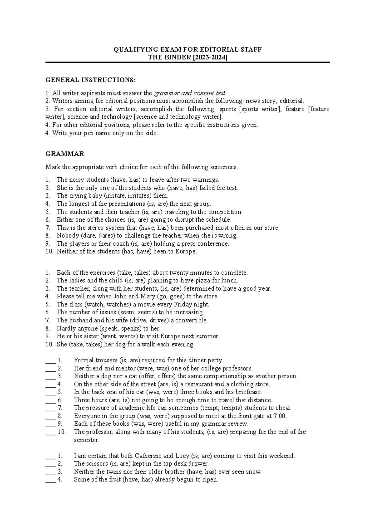 Qualifying Exam for Editorial Staff [2023-2024] - Grammar & Content ...