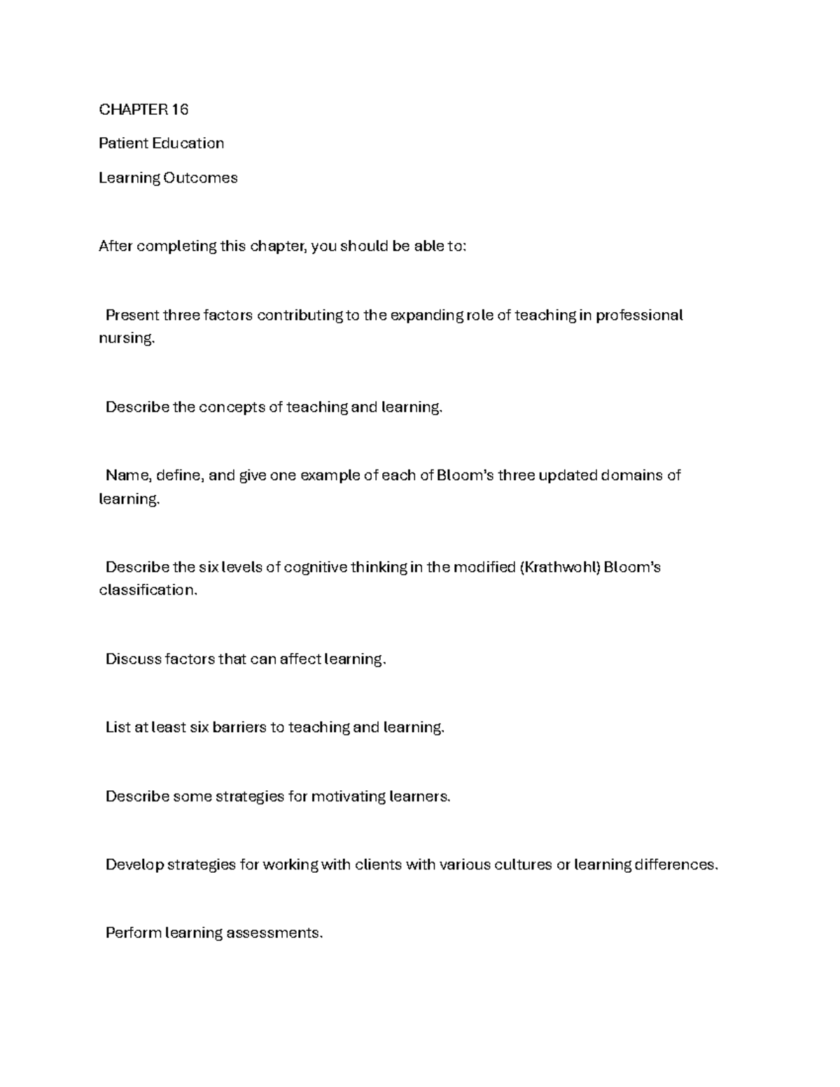 CHAPTER 16 Patient Education: Key Learning Outcomes and Strategies ...