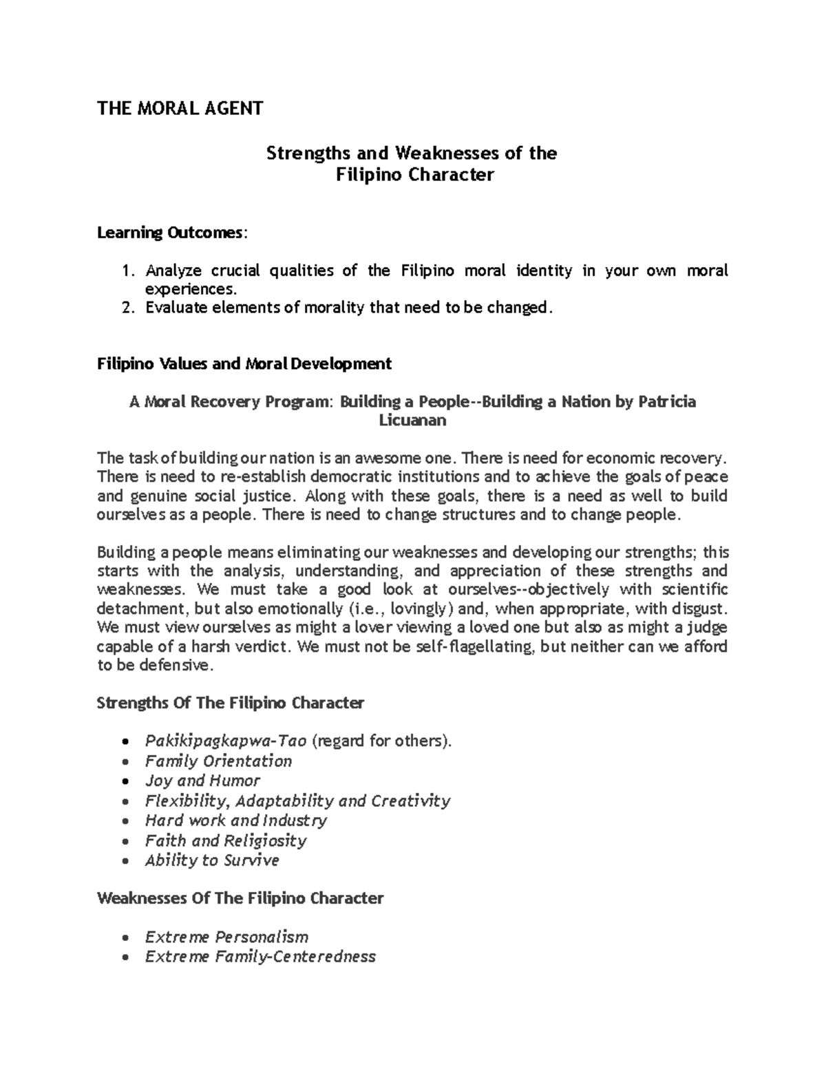 Strengths and Weaknesses of Filipino Character: A Moral Analysis - Studocu