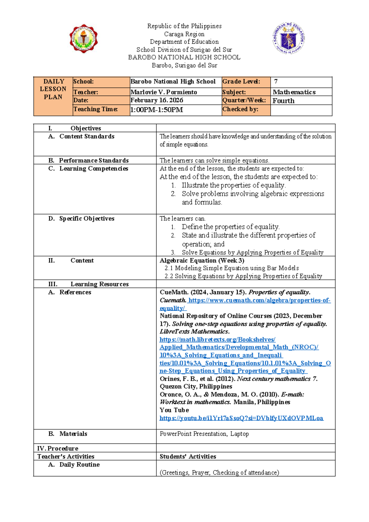 DLP 7: Solving Equations Using Properties of Equality Lesson Plan - Studocu