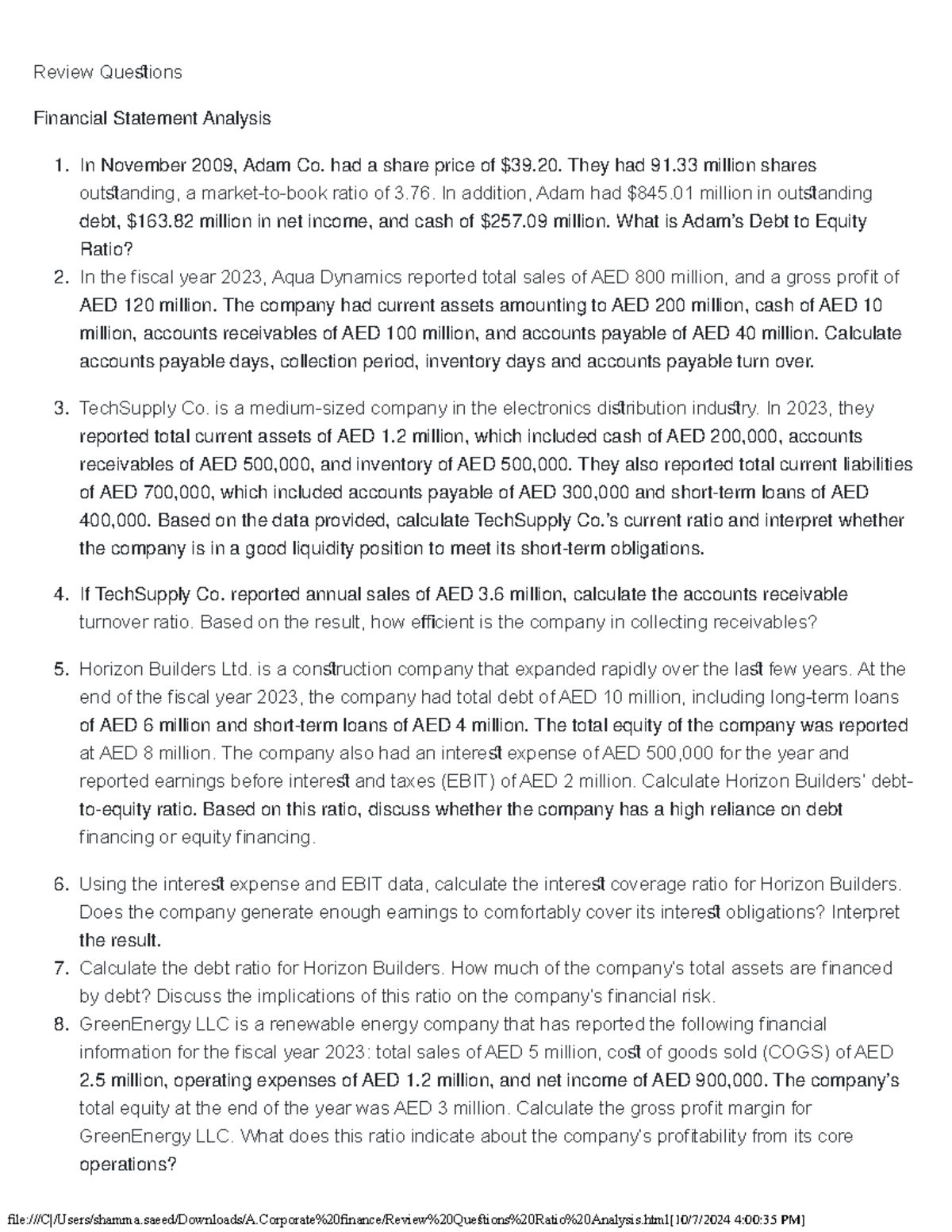 Review Questions for Ratio Analysis (Corporate Finance) - Studocu