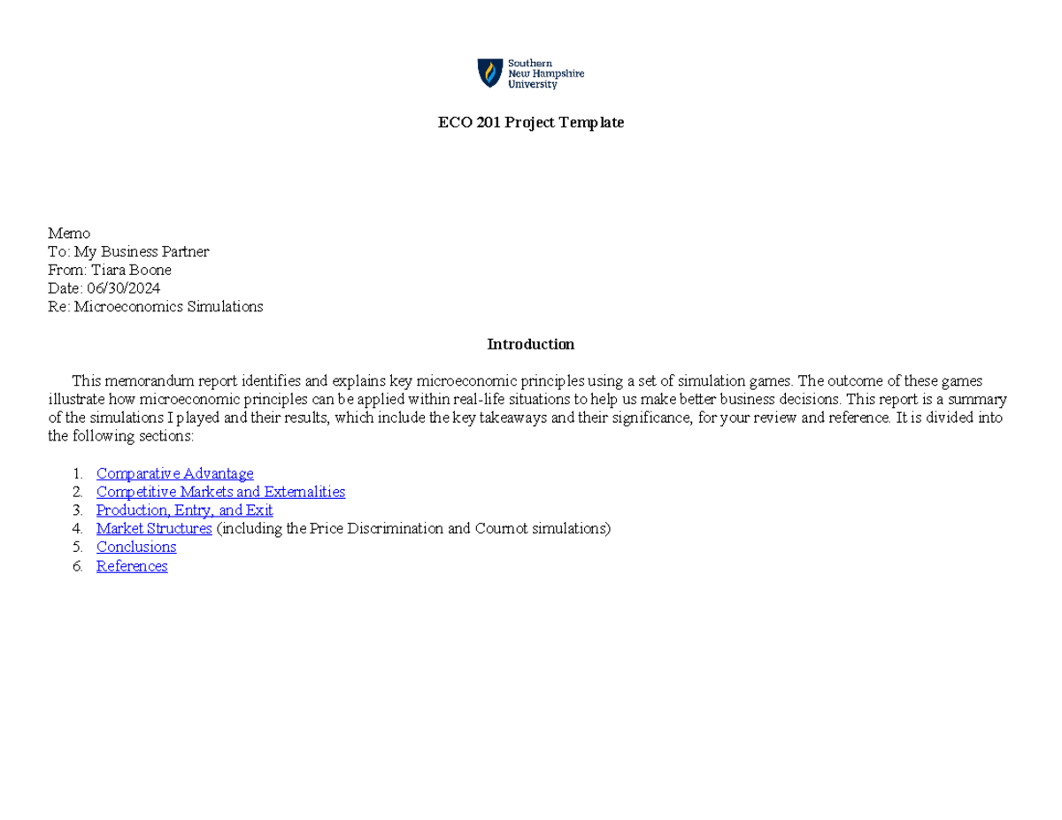 Final eco1 - essay - ECO 201 Project Template Memo To: My Business ...
