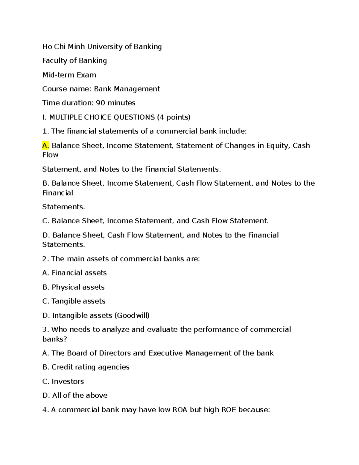 Bank Management Exam (Course Code: A Qtnhtm 1) - Multiple Choice ...