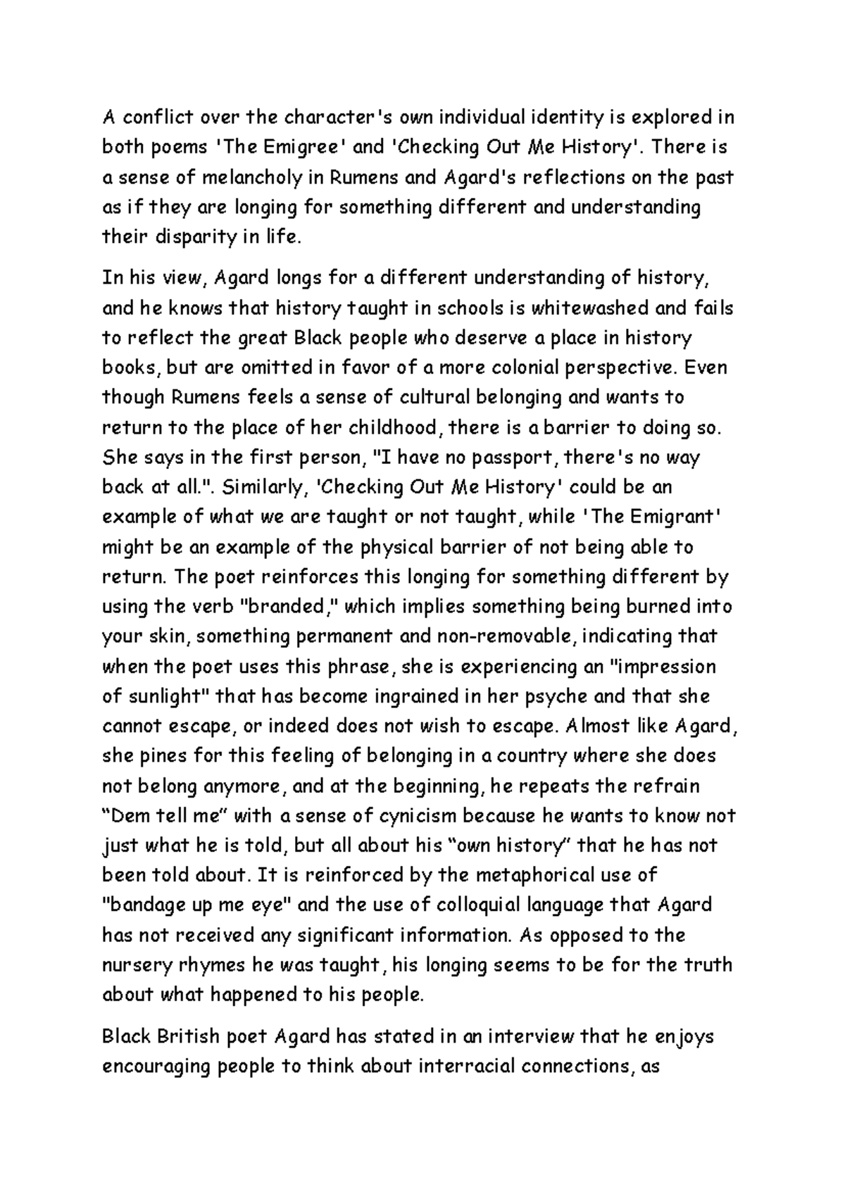 Comparative Analysis of Identity in 'Checking Out Me History' and 'The Emigree' - Studocu