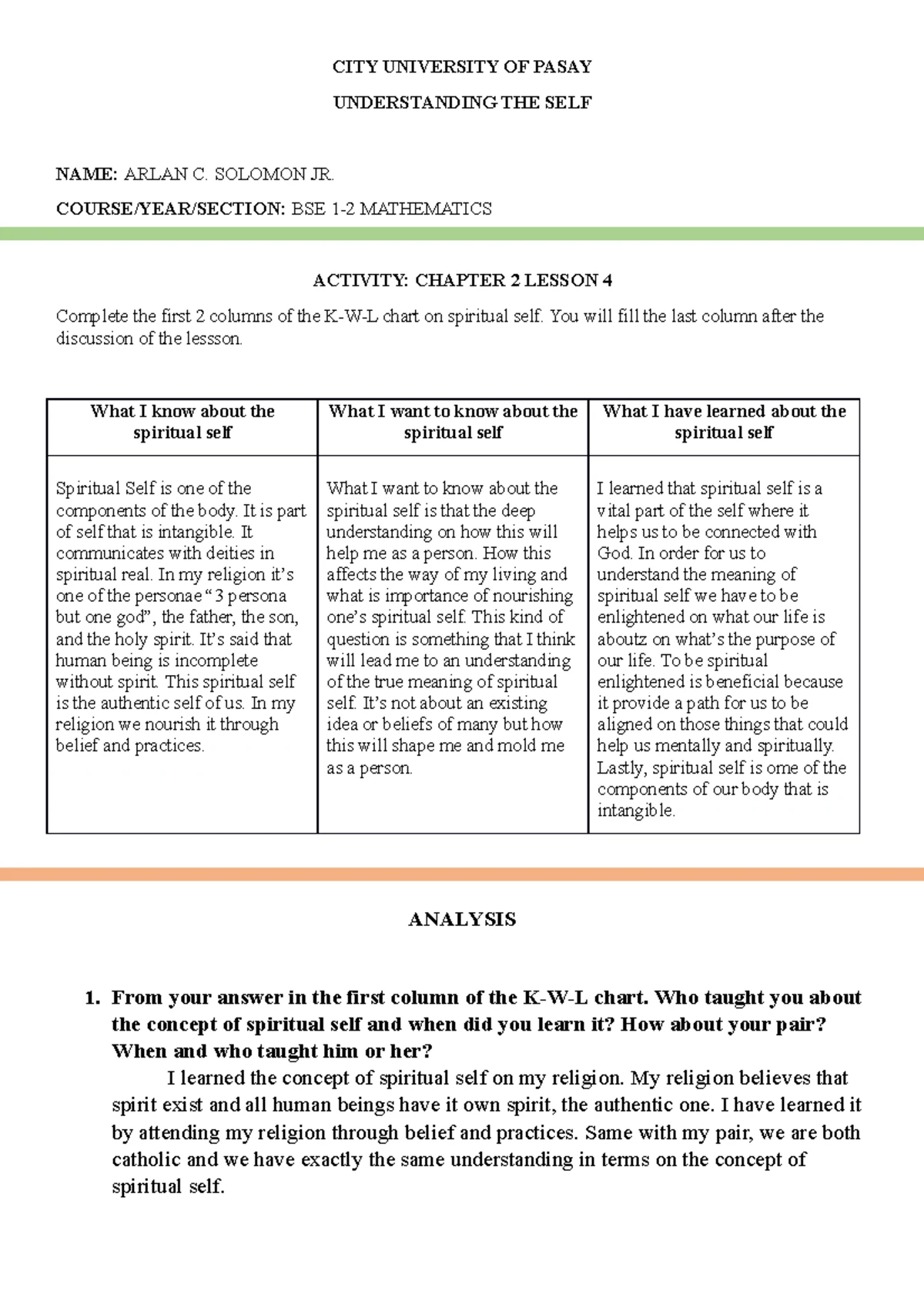 Activity 7 - Chapter 2 - Lesson 3 - Understanding the self - Solomon ...