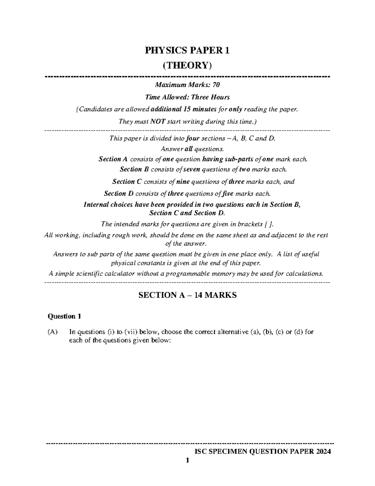 861 Physics Paper 1 Specimen Paper 1 - ISC SPECIMEN QUESTION PAPER 202 ...