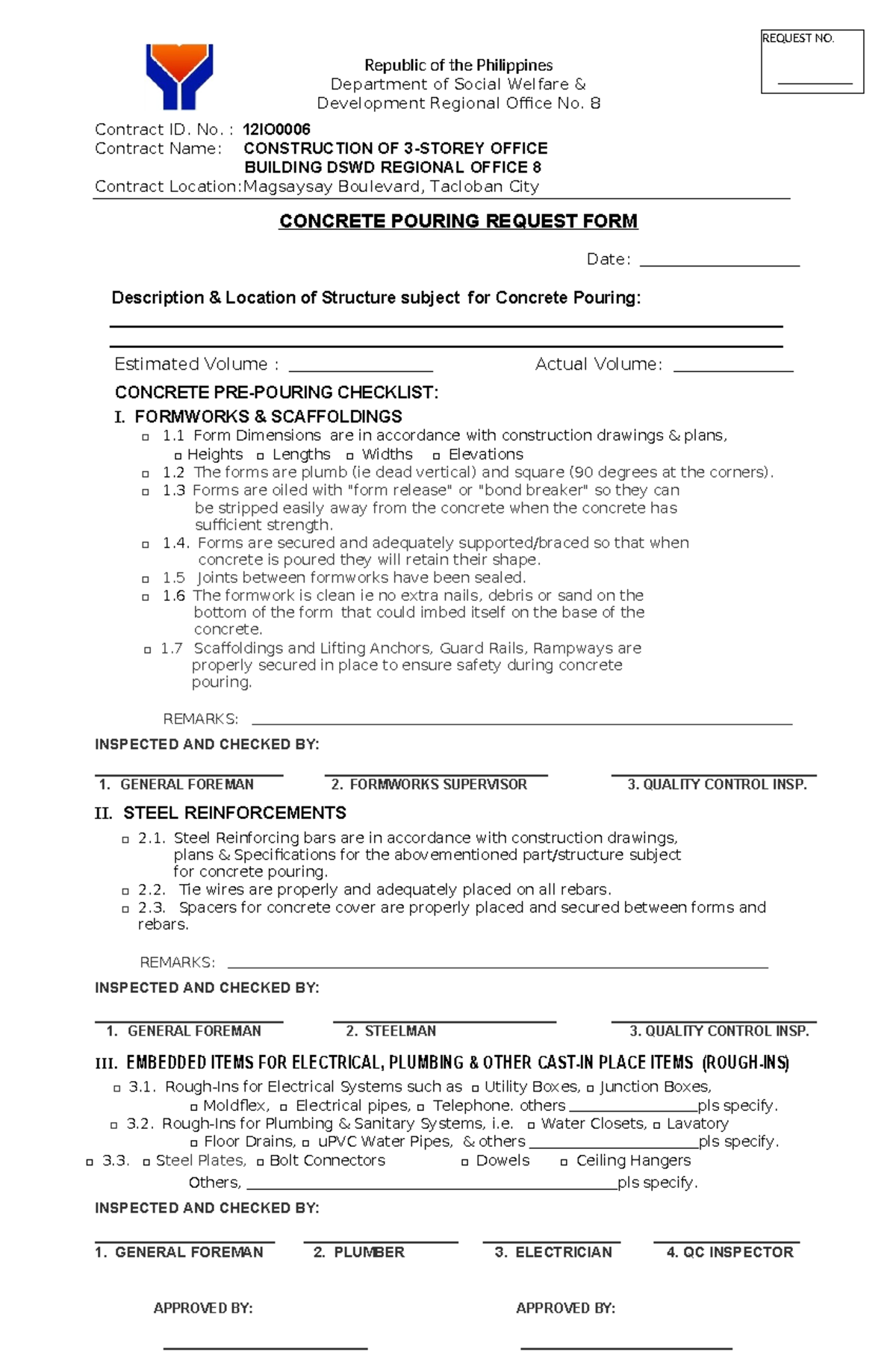 Concrete Pre-Pouring Checklist for Construction Project DSWD 12IO - Studocu