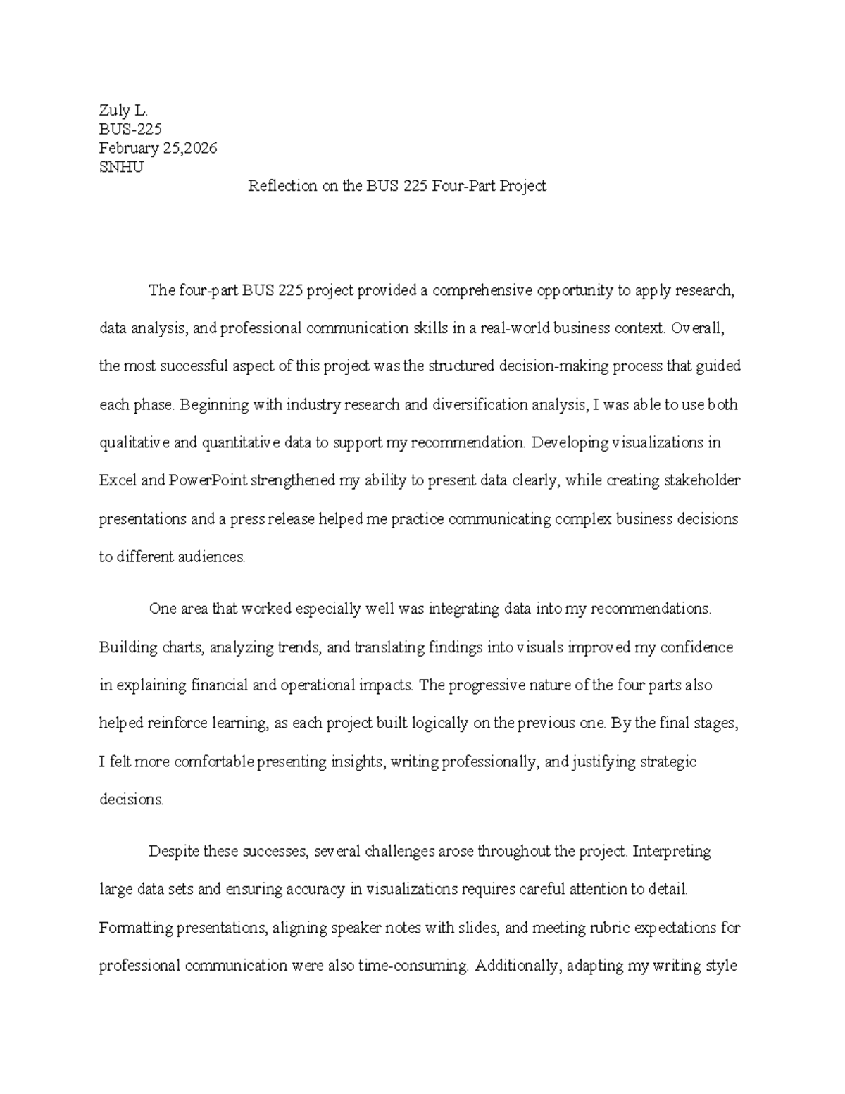 BUS 225 Reflection on Project Insights and Challenges - Studocu