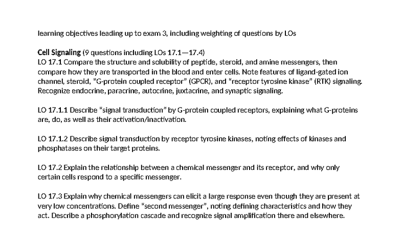 Learning Objectives for Exam 3: Cell Signaling, Mitosis, Meiosis, and ...