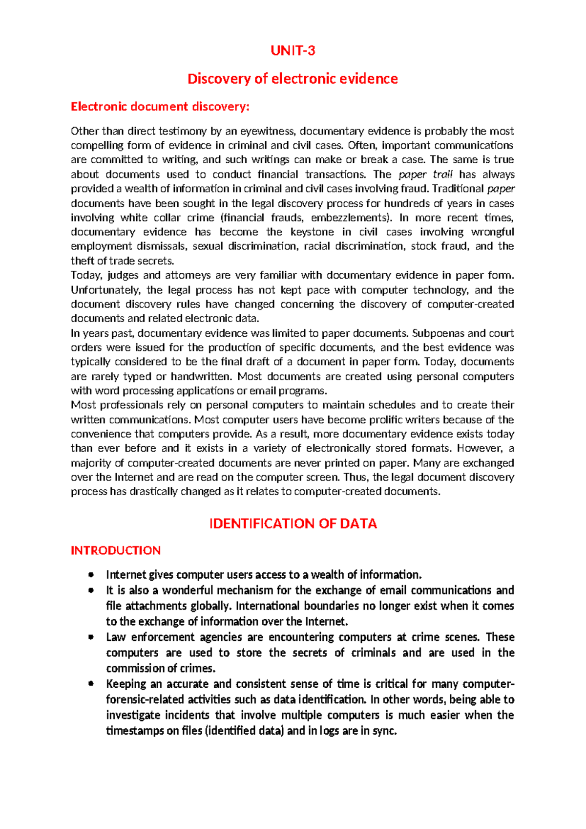 CF Unit 3 - CF Unit 3 - UNIT- Discovery of electronic evidence ...