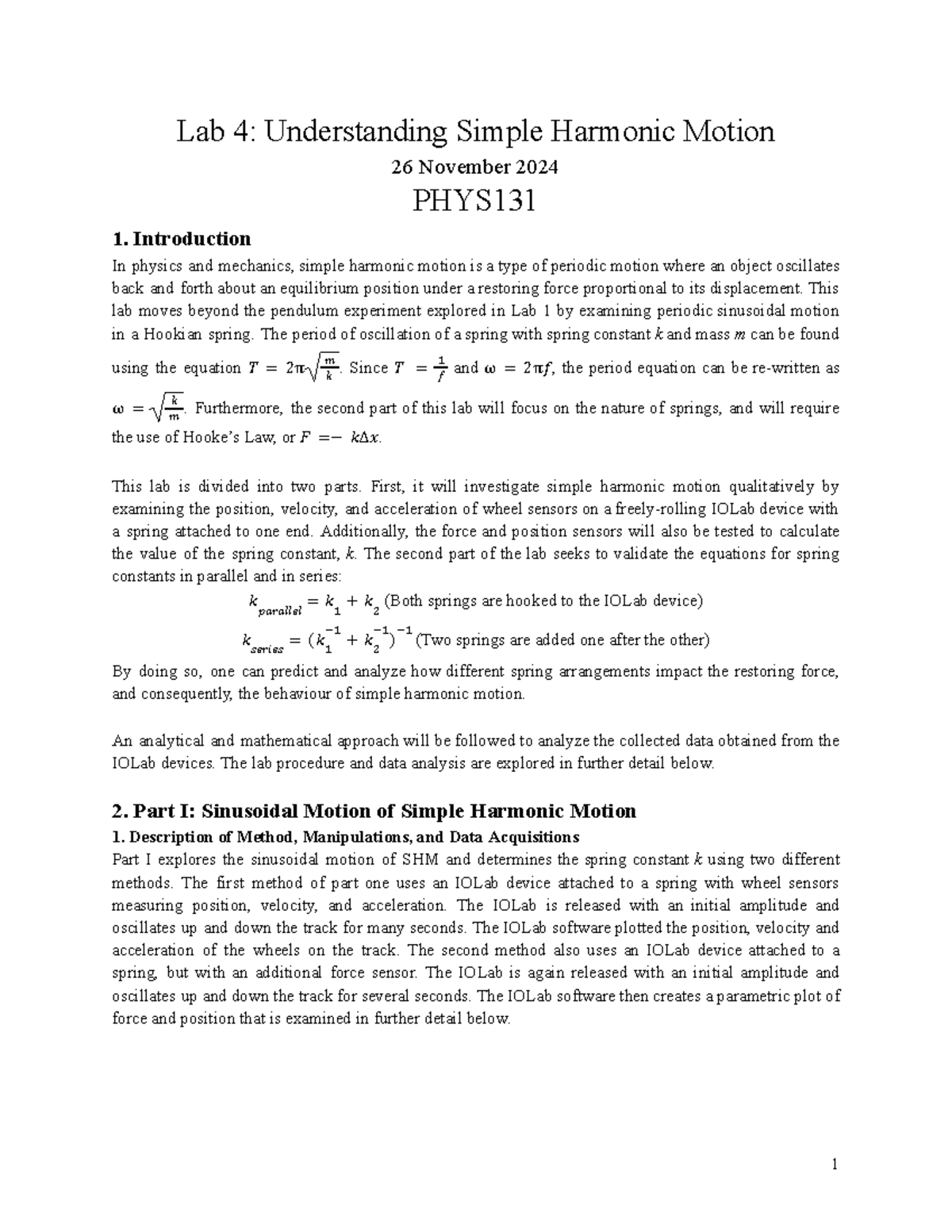 PHYS 131 Lab 4 - Full Report on Simple Harmonic Motion Analysis - Studocu