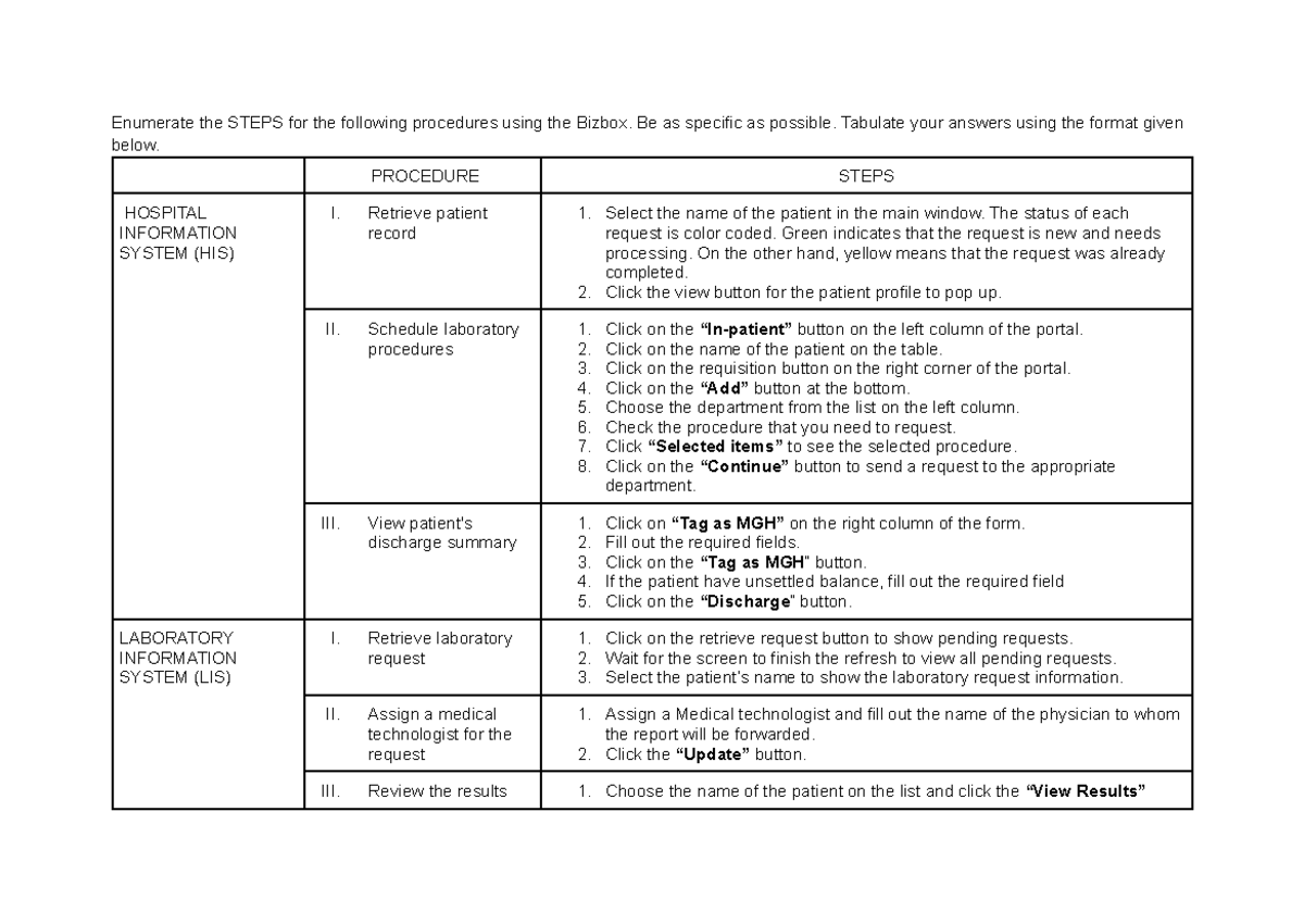 Steps for Procedures Using Bizbox: HIS, LIS, and MMS Platforms - Studocu