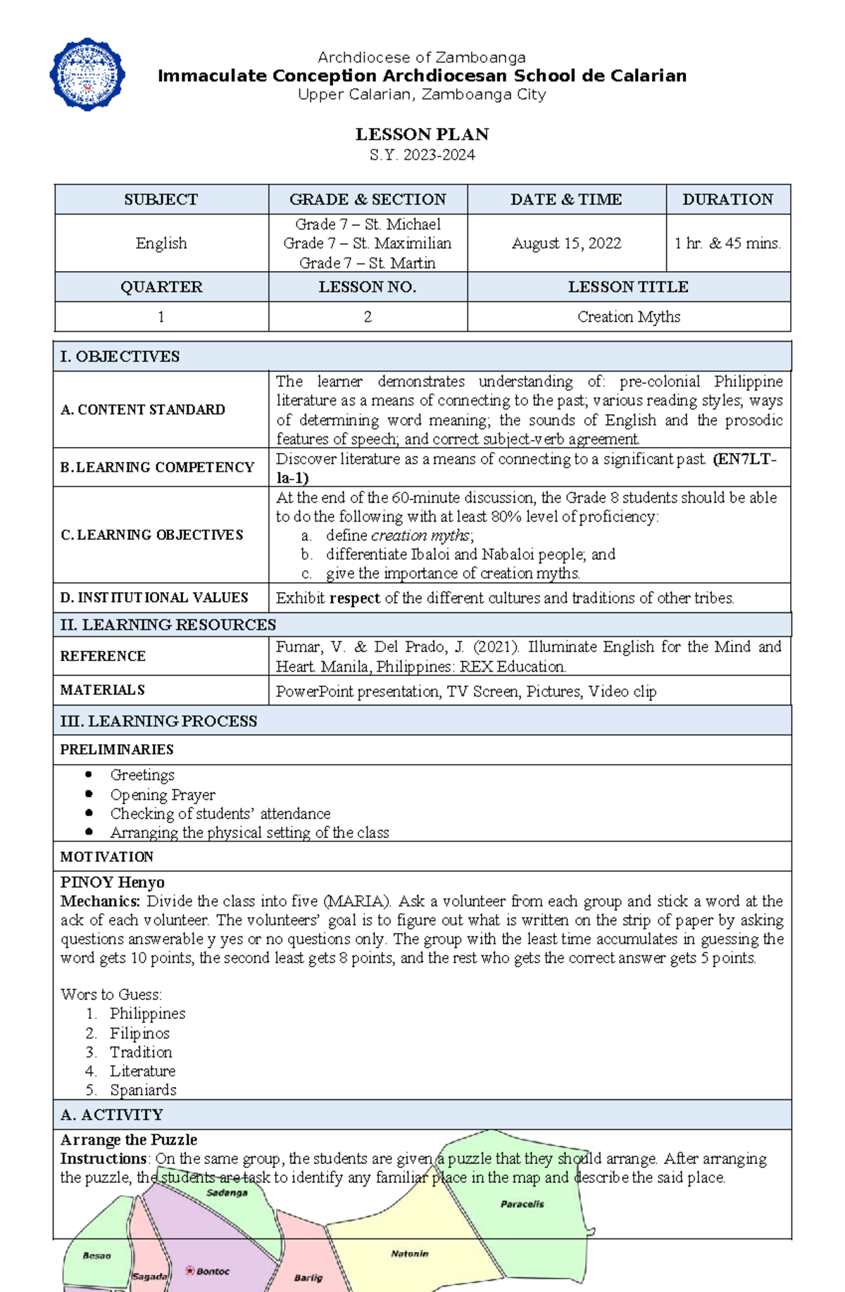 Grade 7 English Lesson Plan: Understanding Creation Myths - Studocu