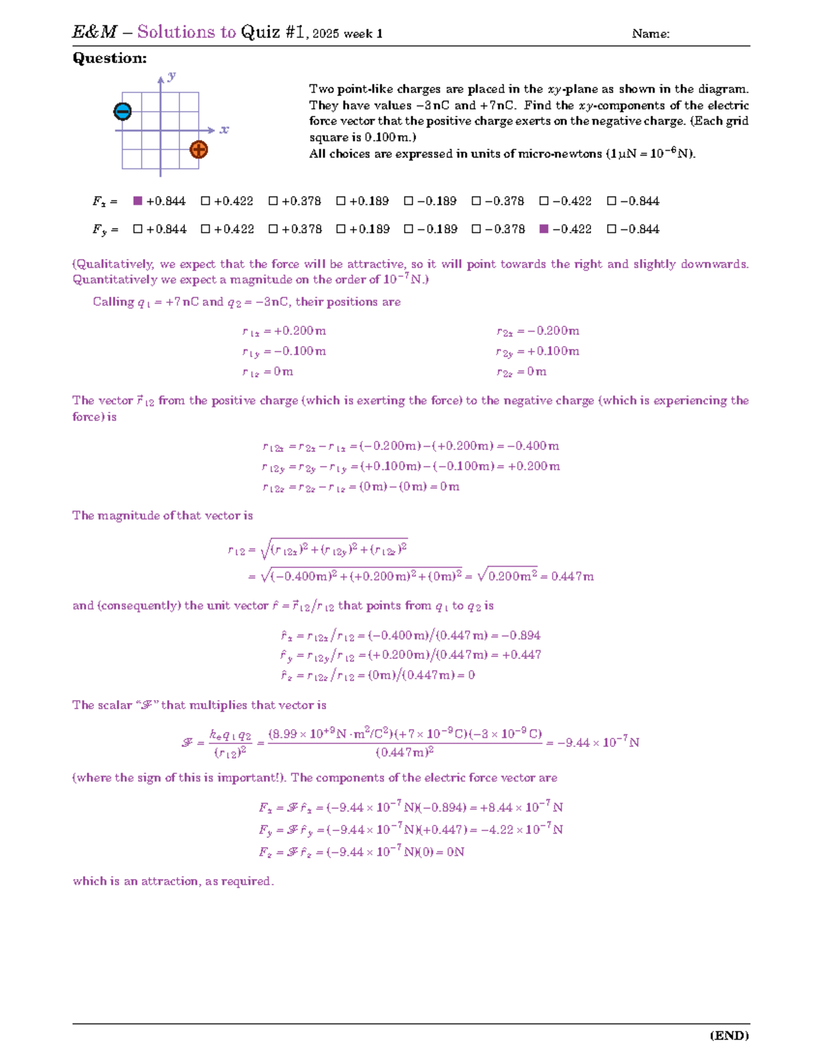 Quiz 01 2025 Week 1 Solutions: Electric Force Calculations - Studocu