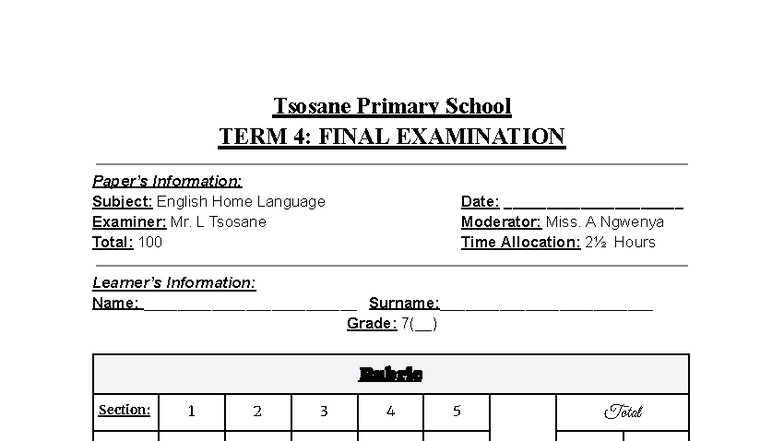 Final Examination - Tsosane Primary School TERM 4: FINAL EXAMINATION ...