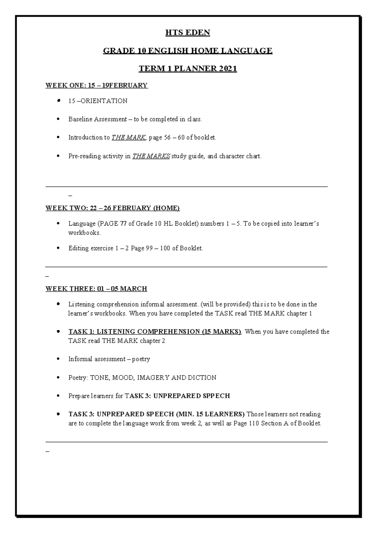 HTS EDEN GRADE 10 ENGLISH HL TERM 1 PLANNER 2021 - Studocu