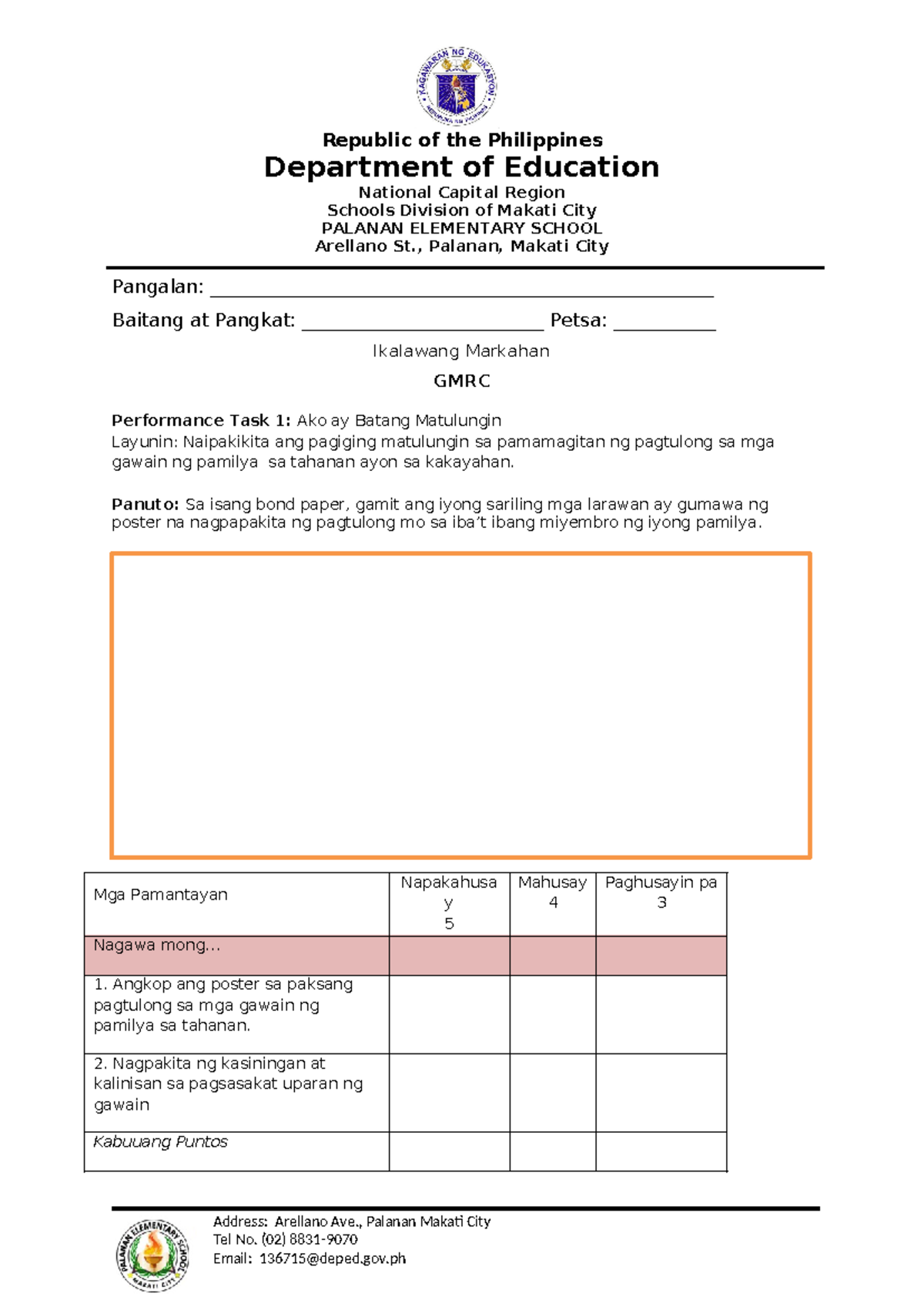 GMRC Q2 Performance Tasks at Palanan Elementary School - Studocu