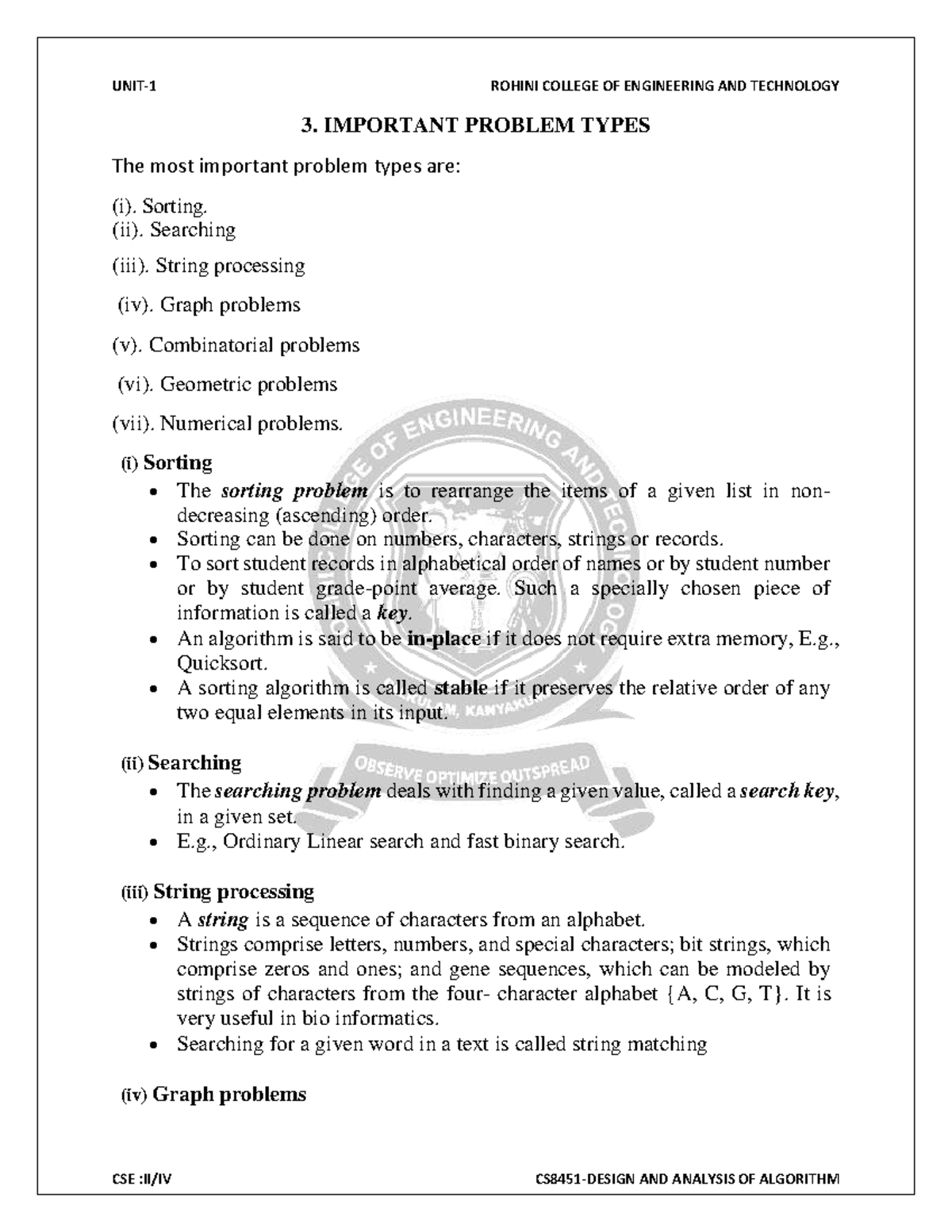 CSE 3: Important Problem Types in Algorithms and Analysis - Studocu