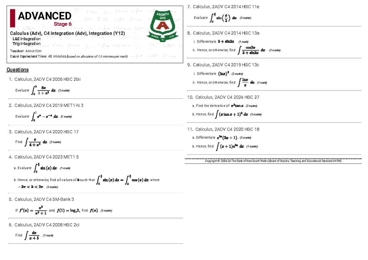 Integration Techniques and Problems - 2ADV C4 HSC Exam Prep - Studocu