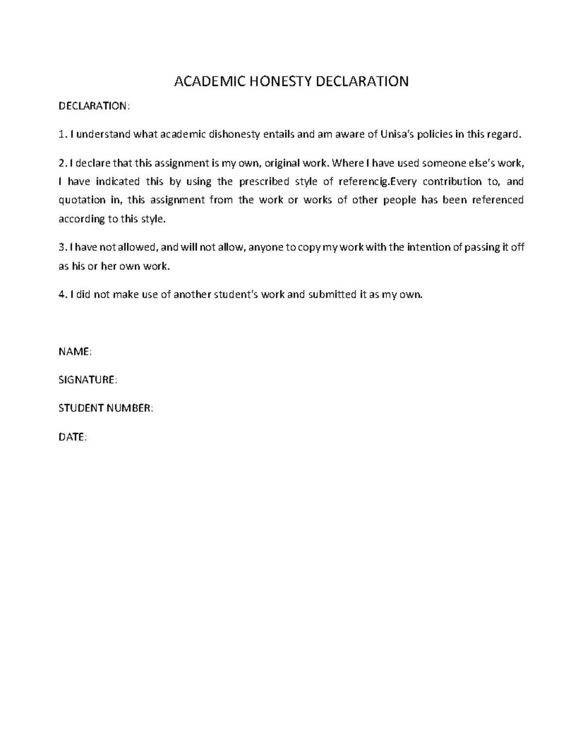 Academic Honesty Declaration for Assignment Submission - Studocu