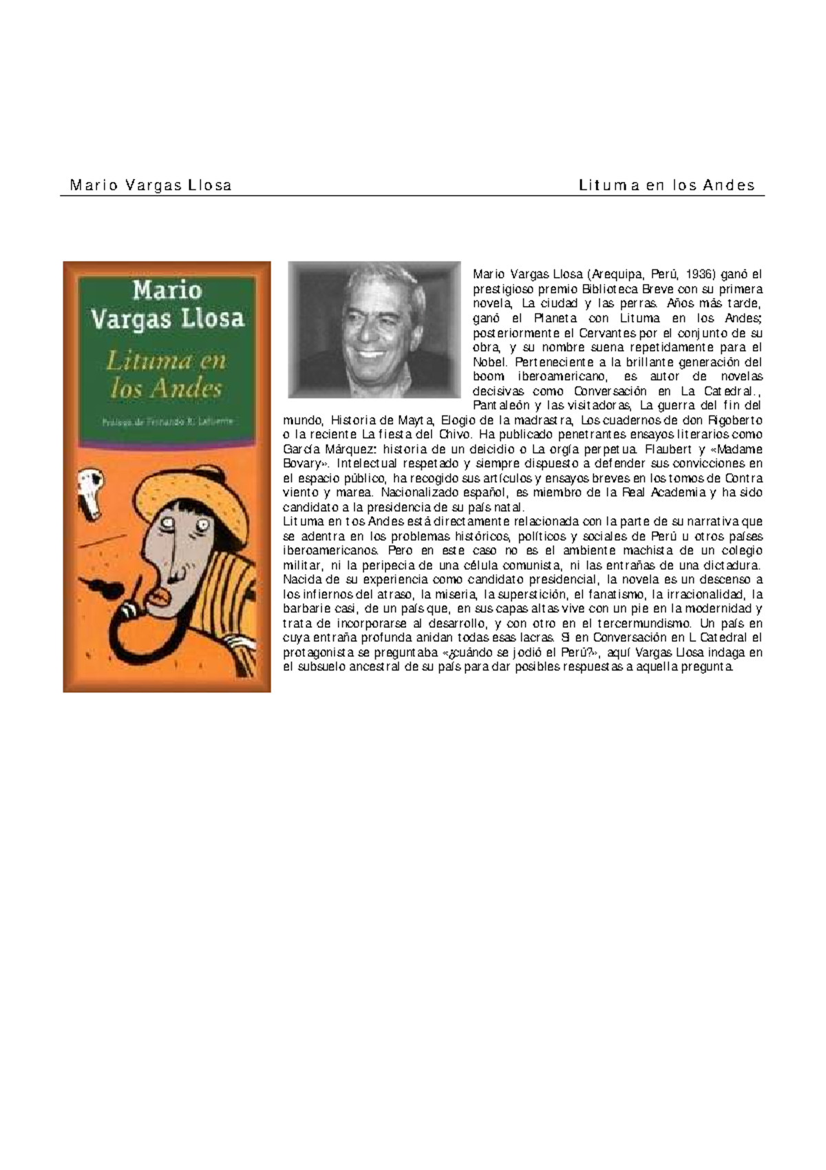 Mario Vargas Llosa - Lituma en los Andes: Análisis y Contexto - Studocu