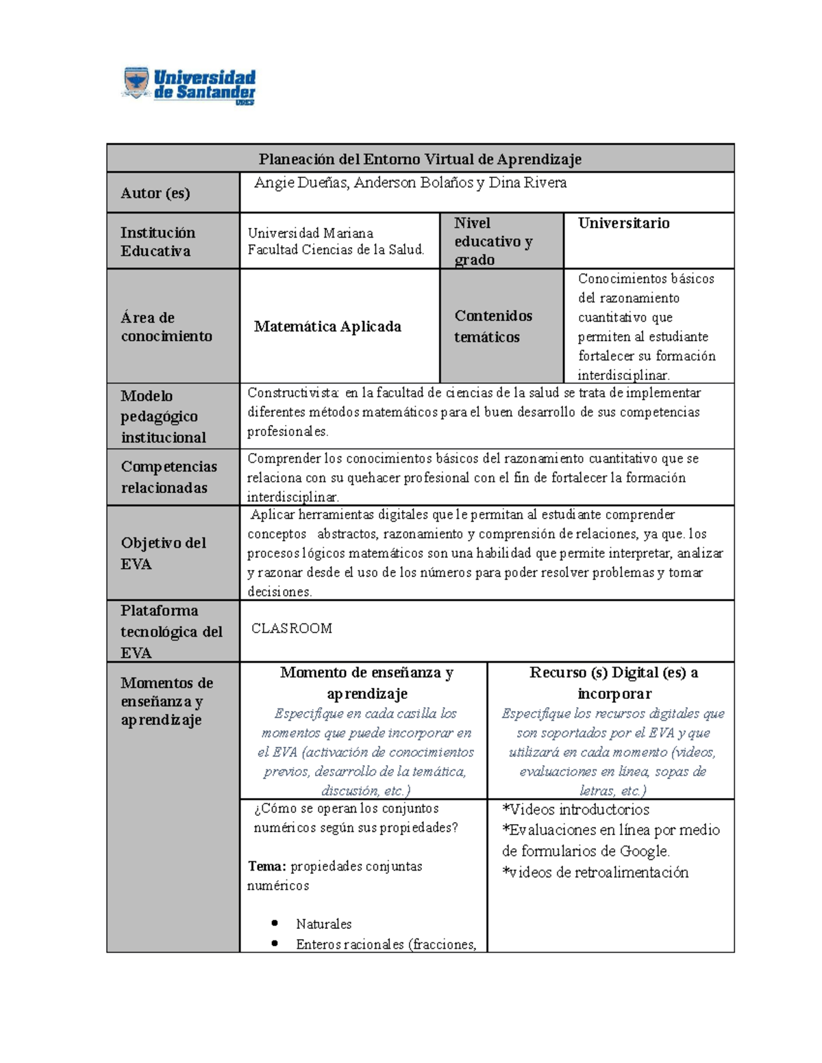 Formato eva dina,anderson,angie - Planeación del Entorno Virtual de ...