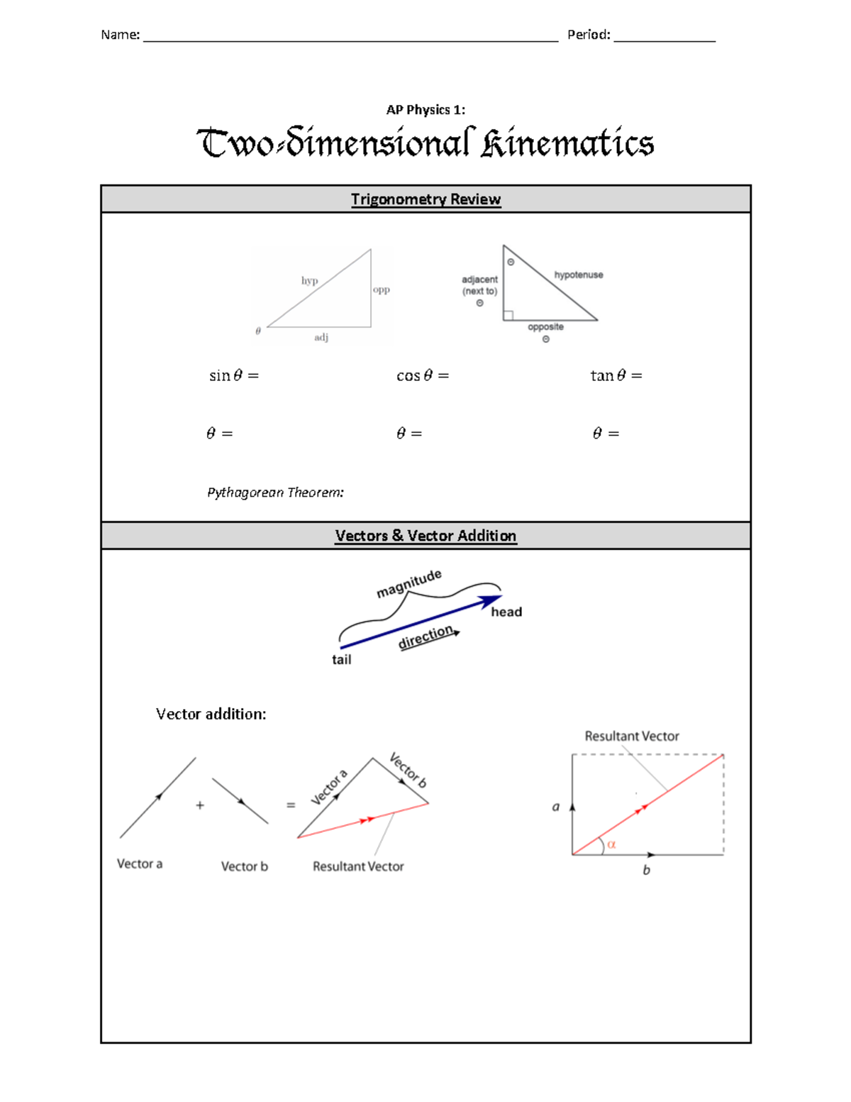 2D Kinematics NOTE- Guide - Name