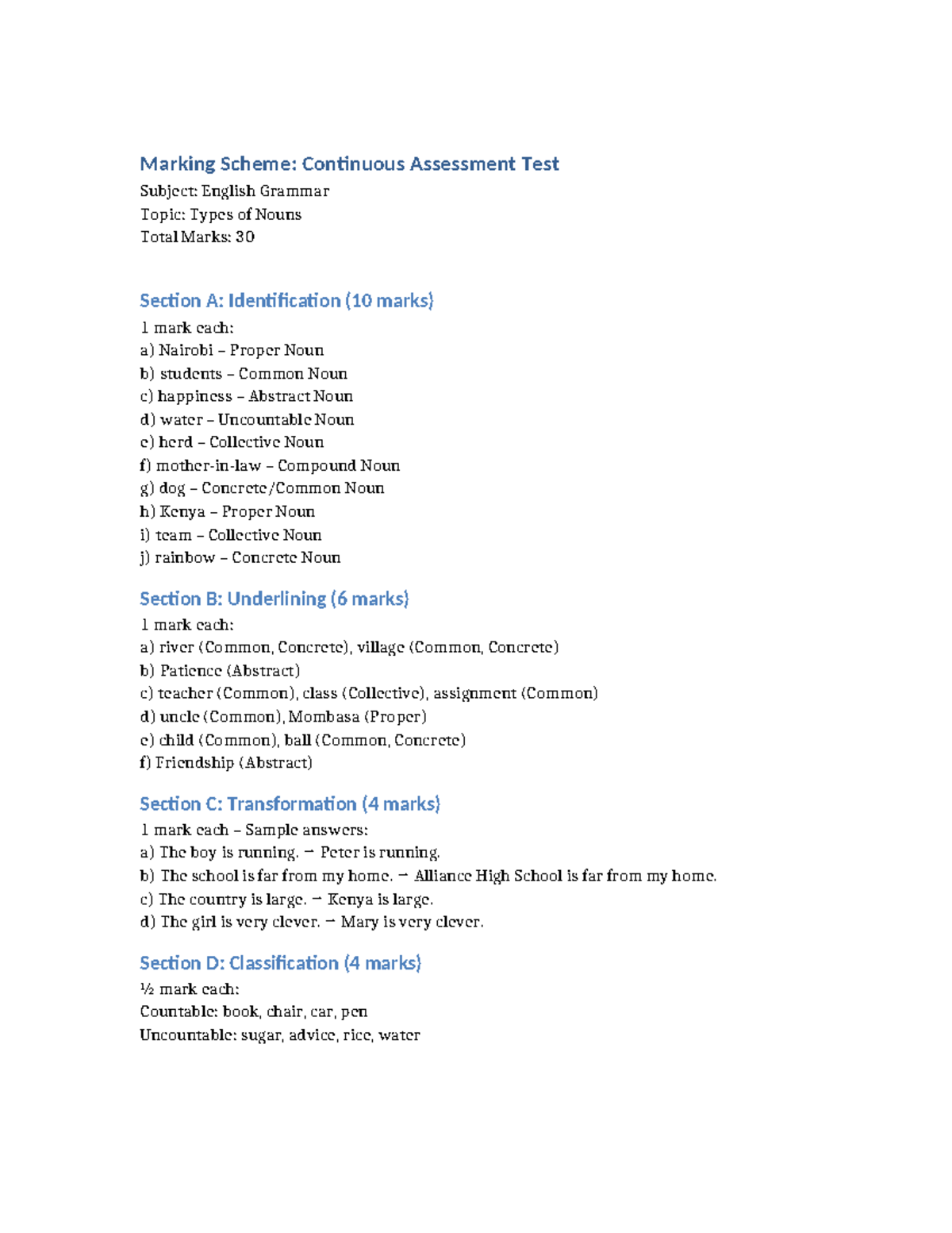 Marking Scheme: Continuous Assessment Test (CAT) on Types of Nouns ...