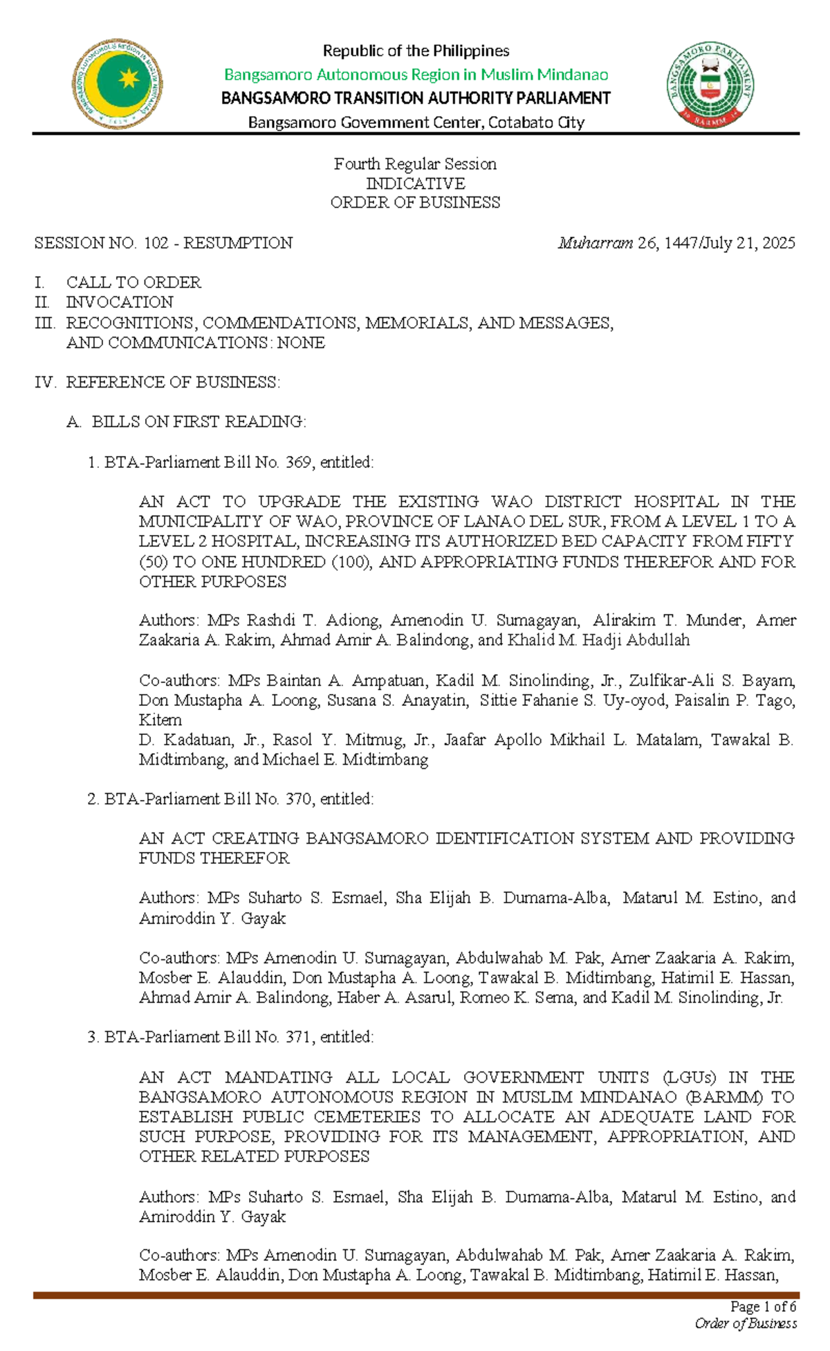 Order of Business for BTA Parliament Session No. 102 - July 2025 - Studocu