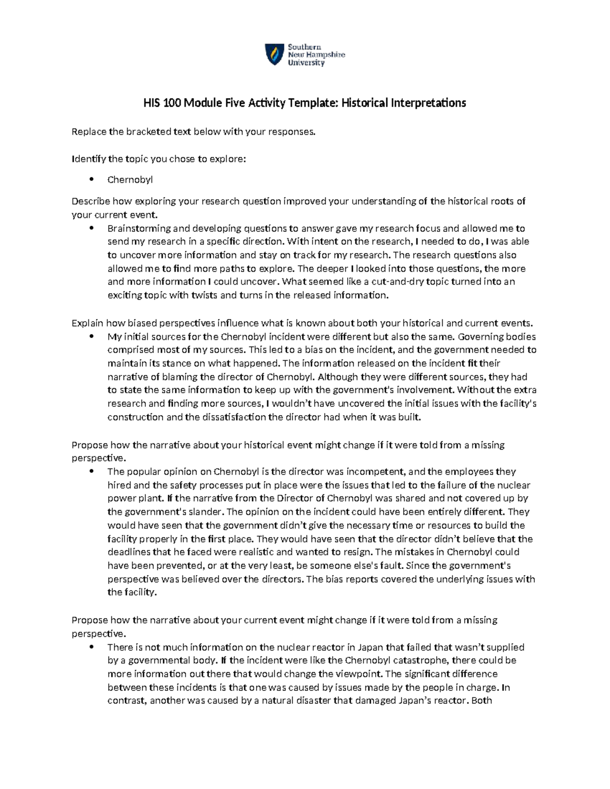 HIS 100 Module Five Activity: Analyzing Chernobyl Perspectives - Studocu
