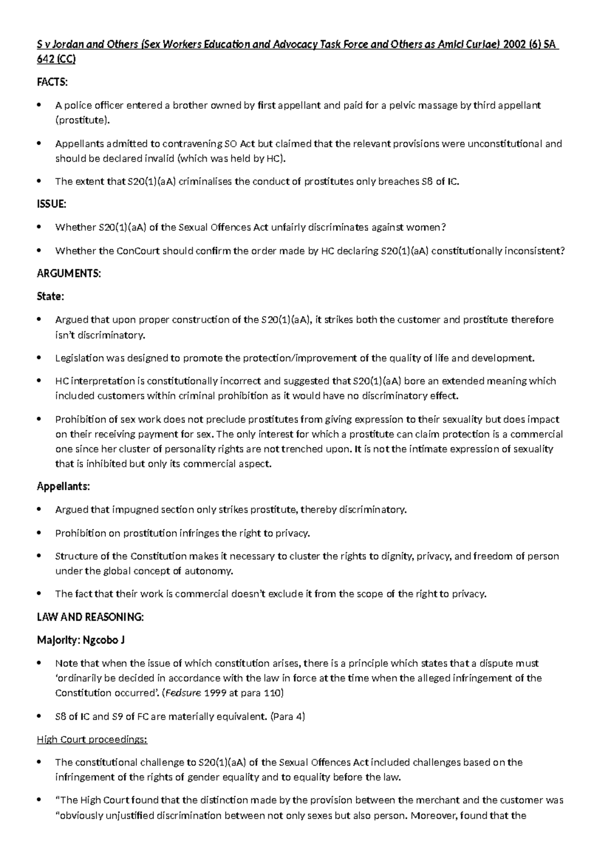 S v Jordan and Others - Summary of Constitutional Law Issues - Studocu