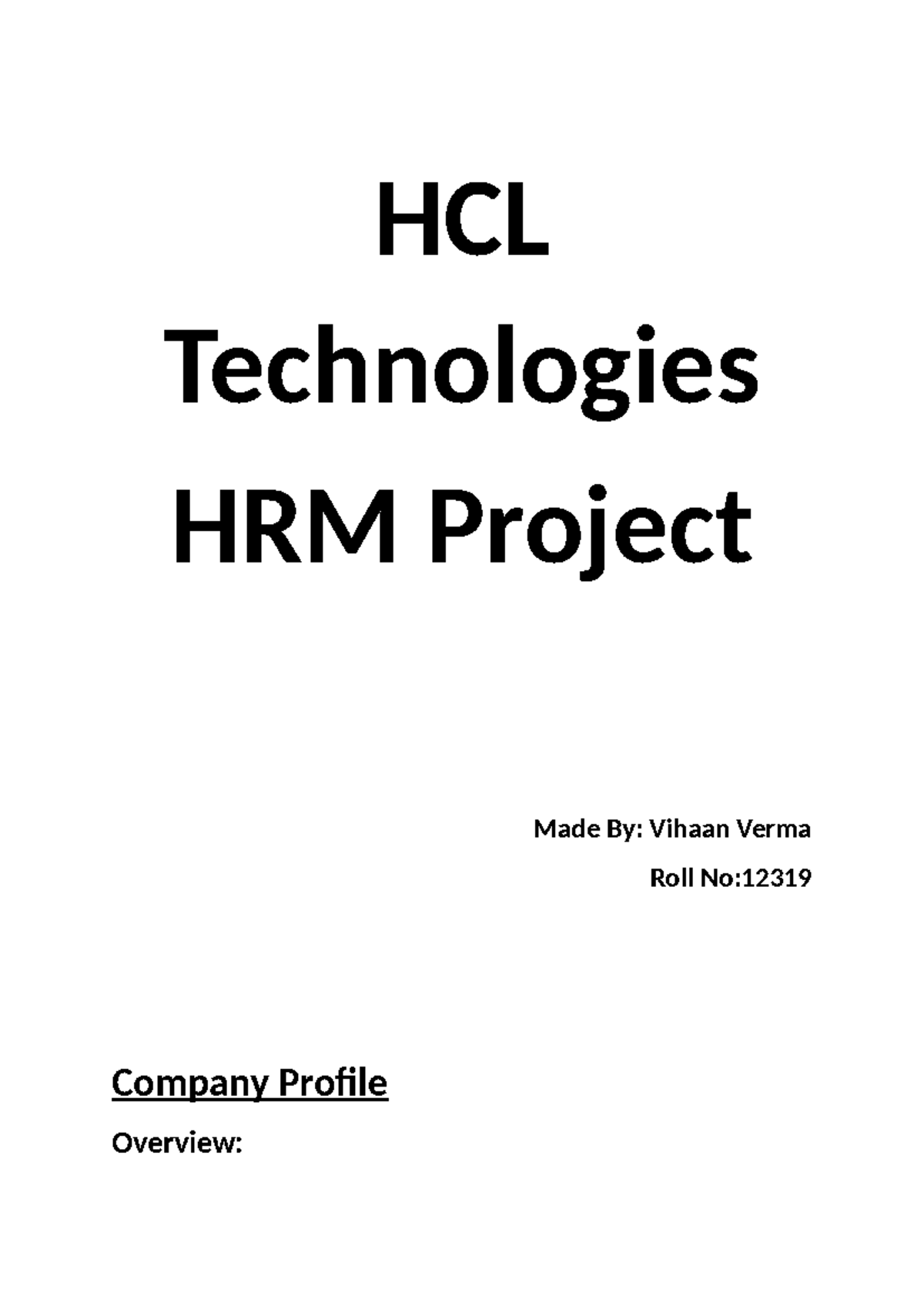 HCL Technologies HRM Project Overview and Analysis Report - Studocu